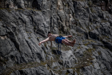 Participant Balances On Slackline Over Former Editorial Stock Photo ...