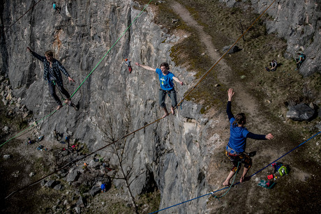 Participants Balance On Slackline Over Former Editorial Stock Photo ...