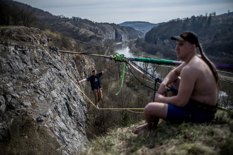 Participant Balances On Slackline Over Former Editorial Stock Photo ...
