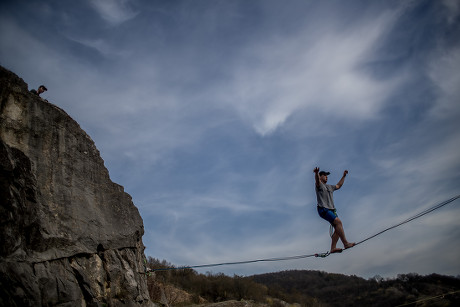 Participant Balances On Slackline Over Former Editorial Stock Photo ...