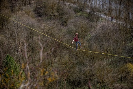 Participant Balances On Slackline Over Former Editorial Stock Photo ...