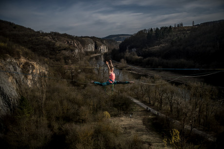 Participant Balances On Slackline Over Former Editorial Stock Photo ...