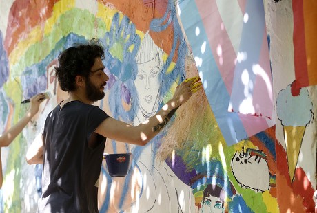 Participants Painting Walls Rainbow Colors During Editorial Stock Photo ...