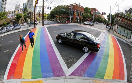 Pedestrians Cross Newly Painted Rainbow Crosswalks Editorial Stock ...