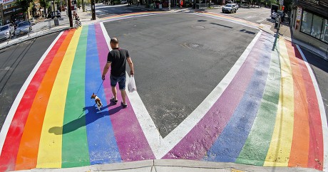 Pedestrians Cross Newly Painted Rainbow Crosswalks Editorial Stock ...