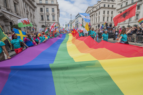 Huge Rainbow Flag Represents All Nations Editorial Stock Photo - Stock ...
