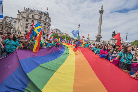 Huge Rainbow Flag Represents All Nations Editorial Stock Photo - Stock ...