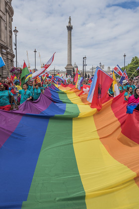 Huge Rainbow Flag Represents All Nations Editorial Stock Photo - Stock ...