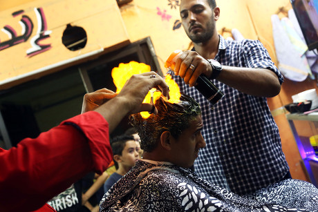 Barber Uses Fire Hairstraightening Technique Straighten Editorial Stock ...