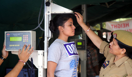 Indian Woman Police Officer Measures Height Editorial Stock Photo ...