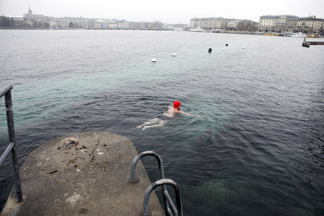 Winter Bather Swims Lake Geneva Past Editorial Stock Photo - Stock ...