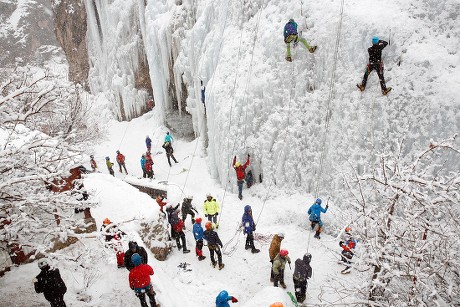Iranians Scale Ice Cliff Frozen Waterfall Editorial Stock Photo - Stock ...