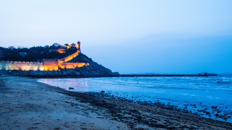 Night Scenery Penglai Pavilion Scenic Area Editorial Stock Photo ...