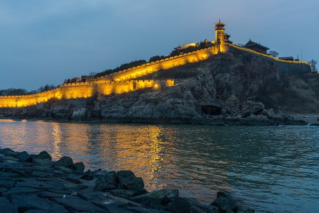 Night Scenery Penglai Pavilion Scenic Area Editorial Stock Photo ...