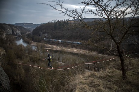 Participant Balances On Slackline Over Former Editorial Stock Photo ...