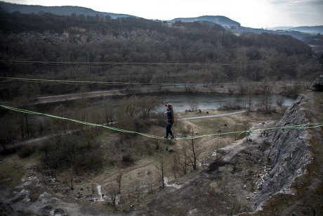 Participant Balances On Slackline Over Former Editorial Stock Photo ...