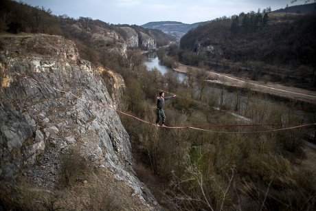 Participant Balances On Slackline Over Former Editorial Stock Photo ...