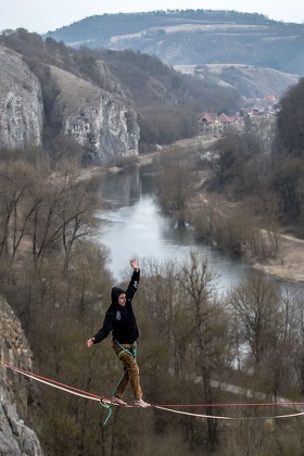 Participant Balances On Slackline Over Former Editorial Stock Photo ...