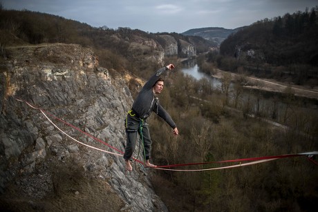 Participant Balances On Slackline Over Former Editorial Stock Photo ...