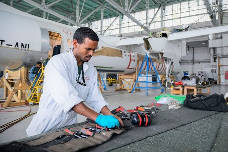 Worker Uses Tools He Inspects Aircraft Editorial Stock Photo - Stock ...