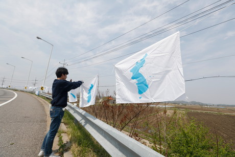 Person Hangs Korean Unification Flags Near Editorial Stock Photo ...
