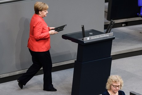 German Chancellor Angela Merkel Walks Speakers Editorial Stock Photo ...