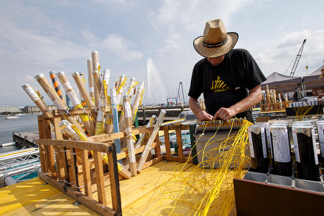 Pyrotechnist Prepares Fireworks On Bank Lake Editorial Stock Photo ...
