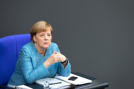 German Chancellor Angela Merkel Sits During Editorial Stock Photo ...