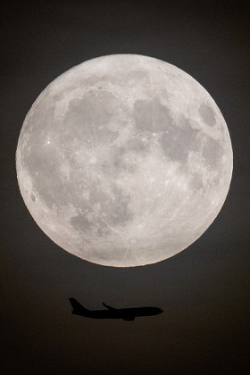 Airplane Flies Under Moon Night Over Editorial Stock Photo - Stock ...