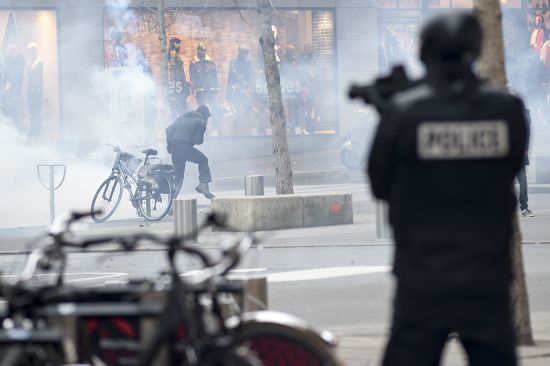 Police Officer Uses Flashball During Demonstration Editorial Stock ...