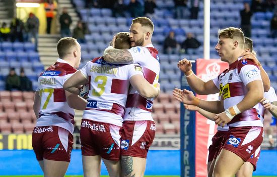 Wigans Zak Hardaker Congratulates Dan Sarginson Editorial Stock Photo ...