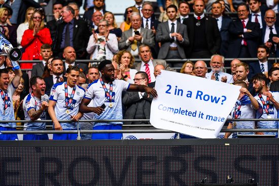Tranmere Rovers Players Celebrate Banner Celebrating Editorial Stock ...
