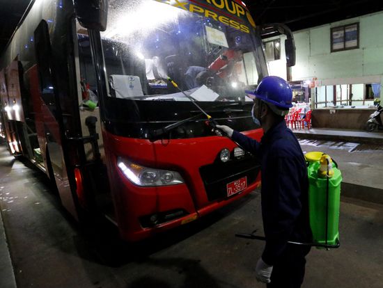 Municipality Employee Sprays Disinfectant On Bus Editorial Stock Photo ...