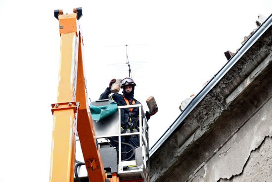 Firefighter Drops Bricks Damaged Roof Zagreb Editorial Stock Photo ...