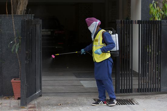 Worker Sprays Disinfectant Gate Residential House Editorial Stock Photo ...