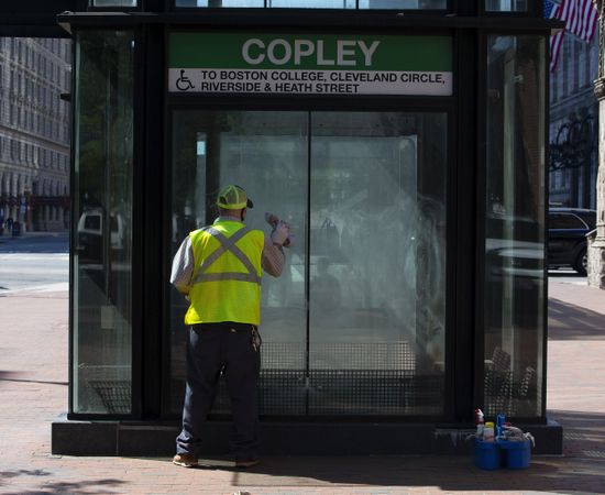 Mbta Crew Member Cleans Graffiti Off Editorial Stock Photo - Stock ...