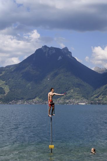 Man Ist Standing On Pole Playing Editorial Stock Photo - Stock Image ...