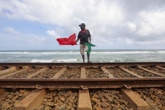 Railway Worker Holds Signal Flags Near Editorial Stock Photo - Stock ...