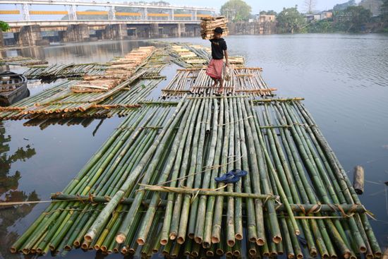 Indian Labourers Manouver Pontoon Bamboo Poles Editorial Stock Photo ...