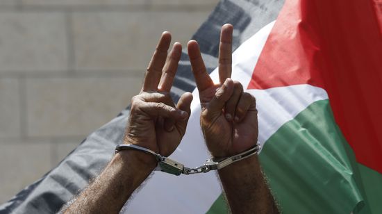 Palestinian Wearing Handcuffs Flashes Victory Sign Editorial Stock ...