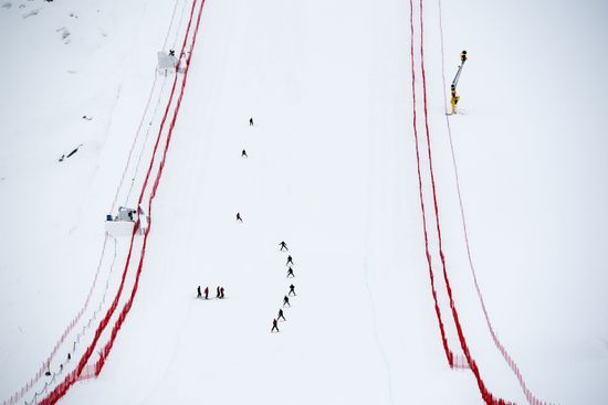 Workers Slide Down Slope Fis Alpine Editorial Stock Photo - Stock Image ...