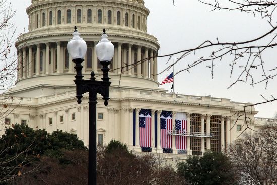 Workers Hang American Flag On Us Editorial Stock Photo - Stock Image ...