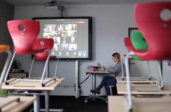 Teacher Gives Lesson Via Video Conference Editorial Stock Photo - Stock ...