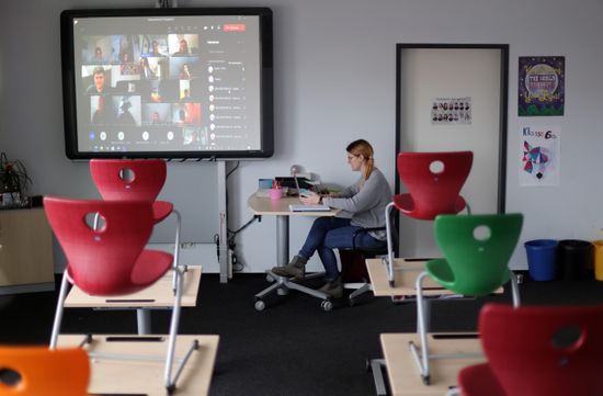 Teacher Gives Lesson Via Video Conference Editorial Stock Photo - Stock ...