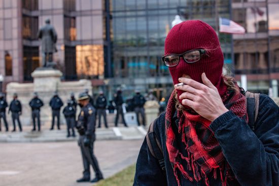 Demonstrator Wearing Balaclava Smokes Cigarette Front Editorial Stock ...