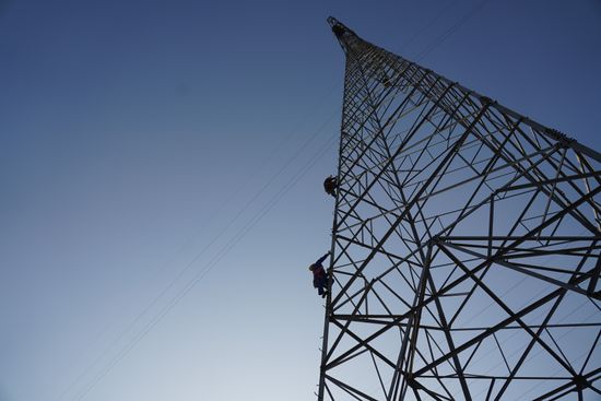 Two Workers Climb Electric Pylon Install Editorial Stock Photo - Stock ...