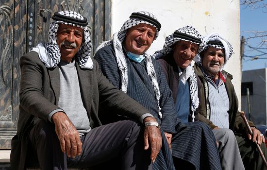 Palestinian Men Wear Traditional Keffiyeh Sit Editorial Stock Photo ...