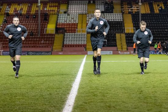 Referee Declan Bourne Flanked By Assistant Editorial Stock Photo ...