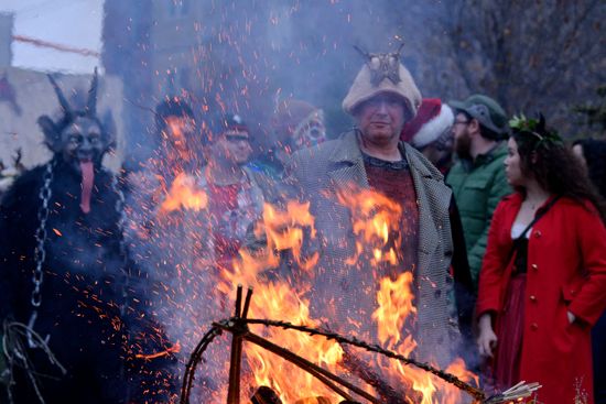 People Costume Gather Around Bonfire During Editorial Stock Photo ...