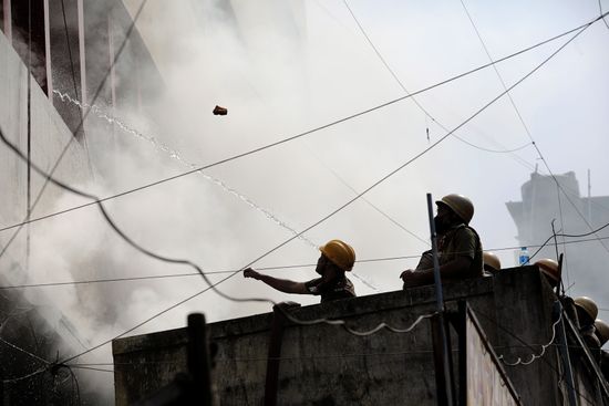 Firefighter Throws Stone Break Window They Editorial Stock Photo ...